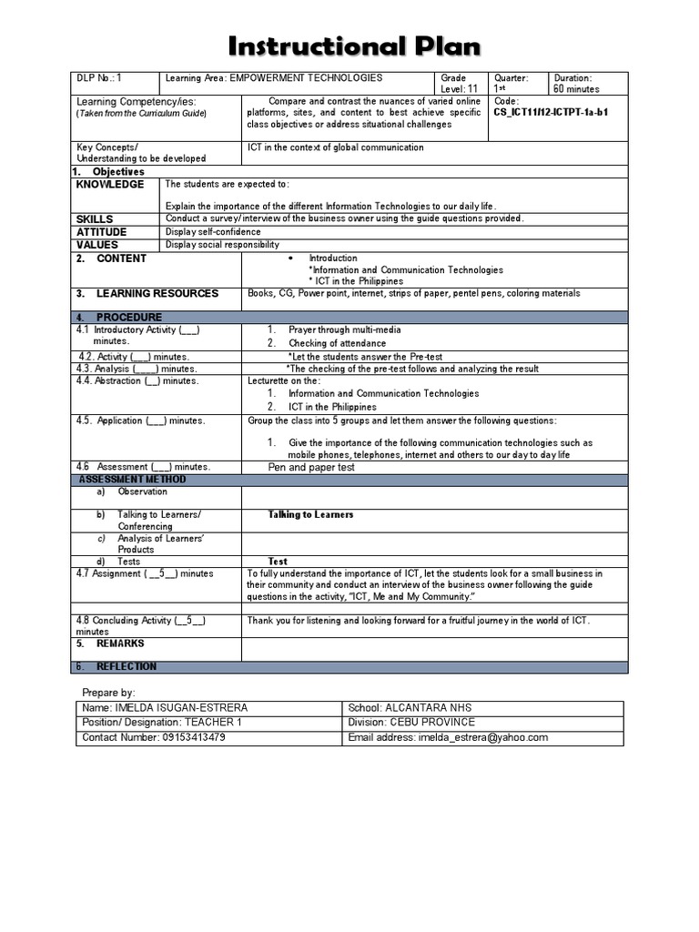 Instructional Plan: Learning Competency/ies | PDF | Educational ...