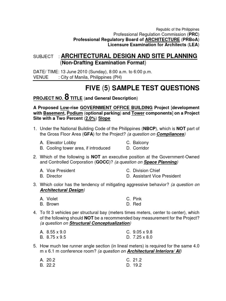 Five (5) Sample Test Questions: Architectural Design and Site Planning ...