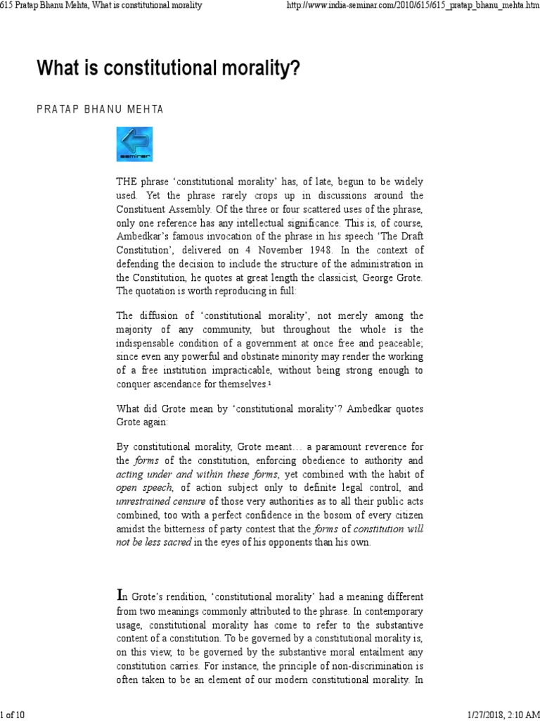 Pratap Bhanu Mehta What Is Constitutional Morality | PDF | Justice | Crime & Violence