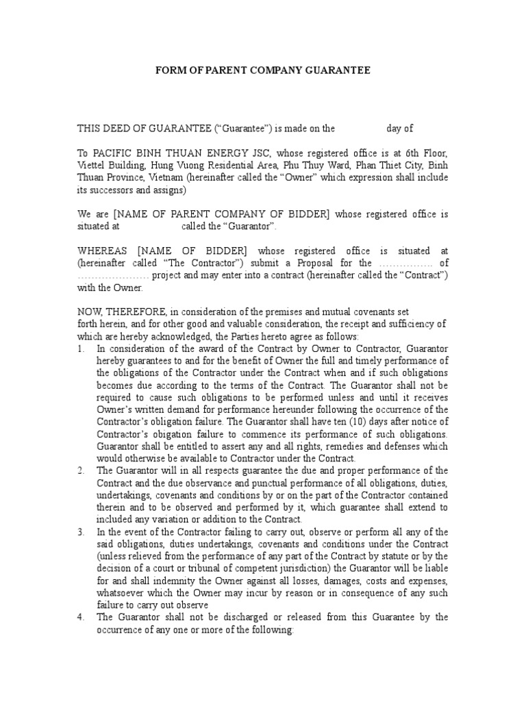 Form of Parent Company Guarantee | PDF | Guarantee | Contract Law