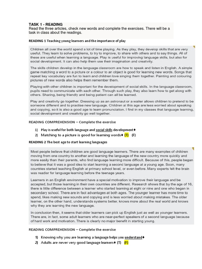 Task 1 - Reading: READING COMPREHENSION - Complete The Exercise | PDF ...