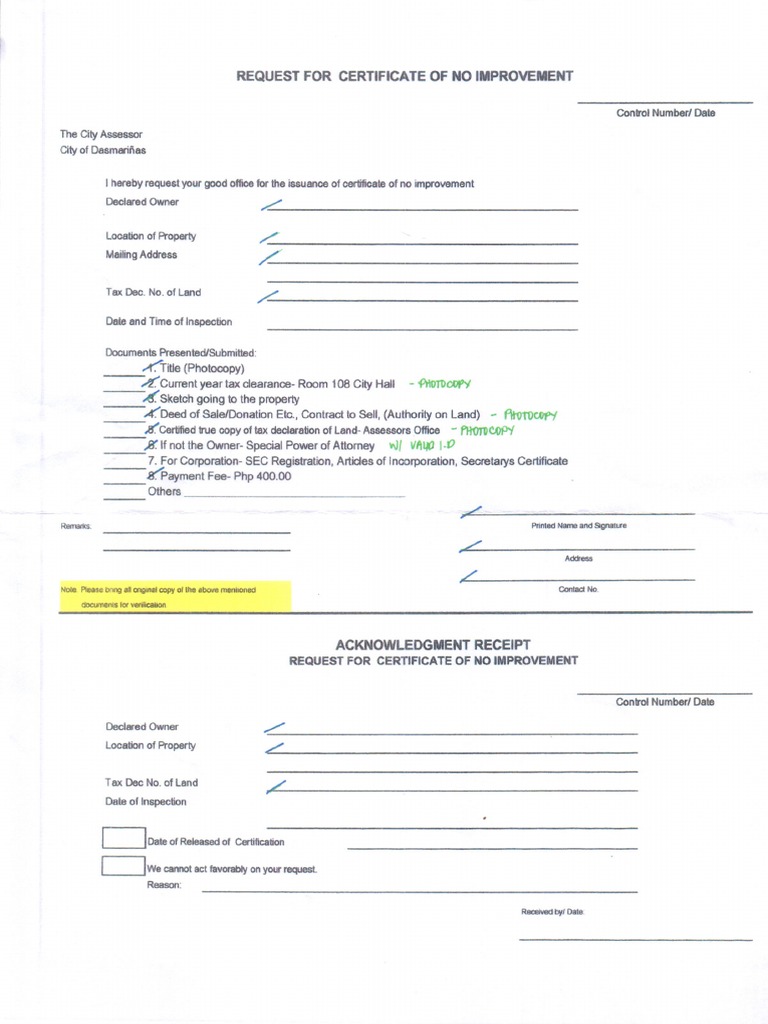 Request For Certificate of No Improvement Requirements | PDF