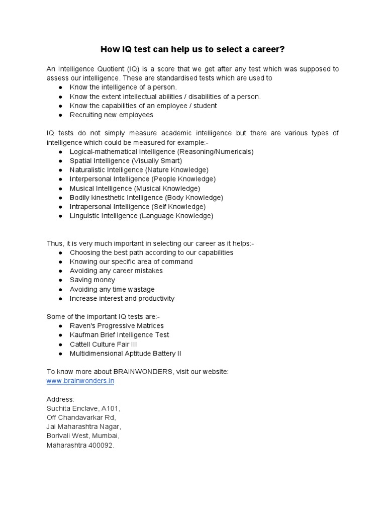 Using IQ Tests for Career Selection | PDF