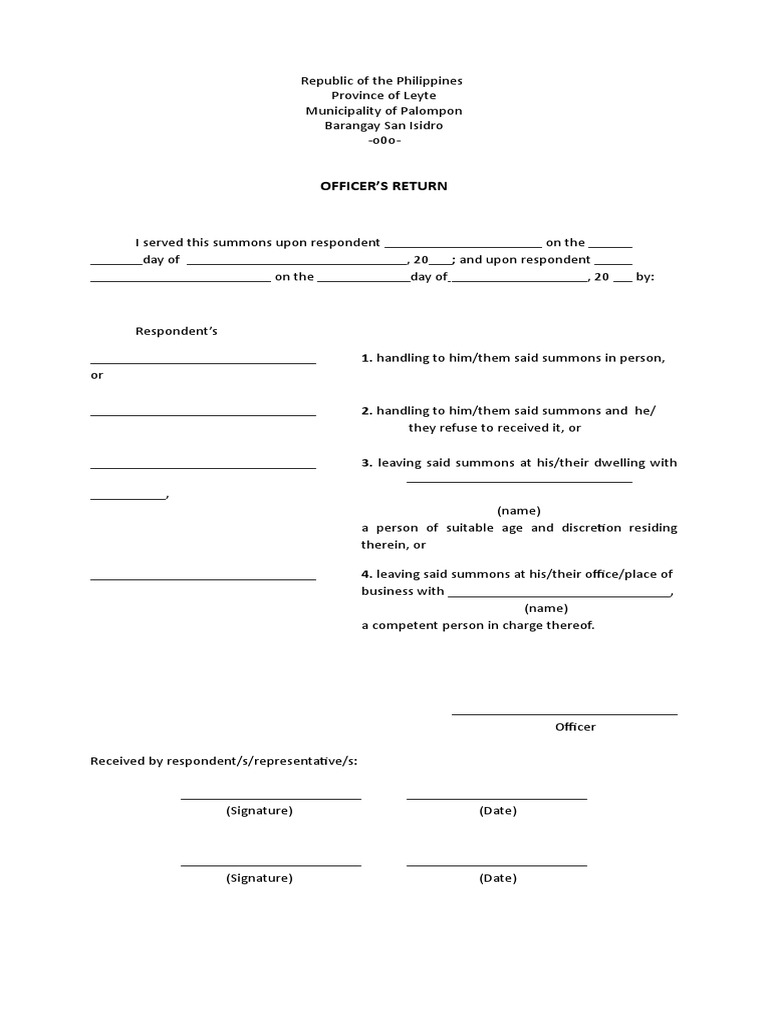 Officer'S Return: 1. Handling To Him/them Said Summons in Person | PDF ...