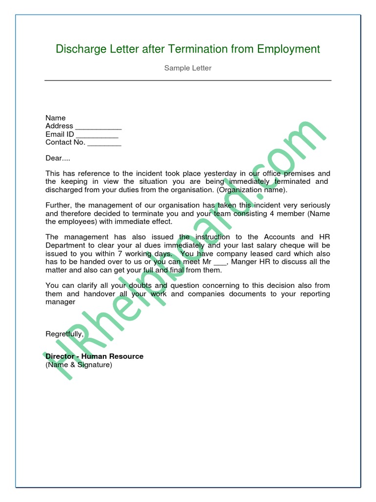Discharge Letter After Termination From Employment | PDF | Finance ...