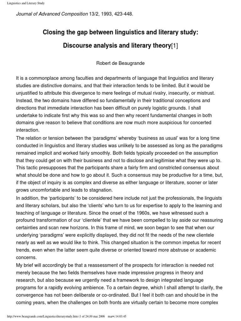 Beaugrande R., Discourse Analysis and Literary Theory 1993 | PDF ...