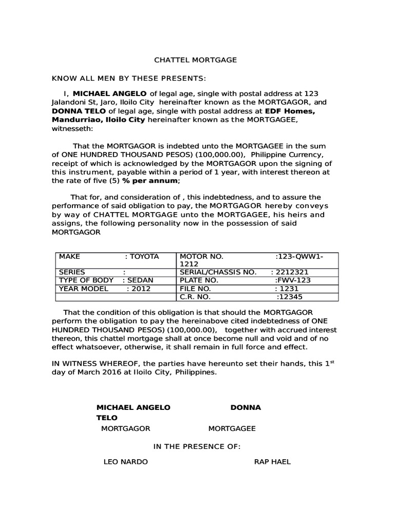 Chattel Mortgage of A Motor Vehicle | PDF | Mortgage Law | Financial ...