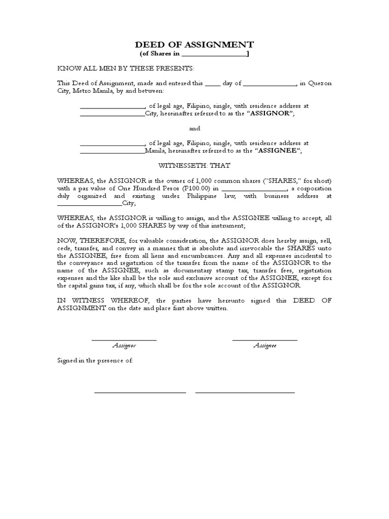 Deed of Assignment Template | PDF | Assignment (Law) | Civil Law (Legal ...