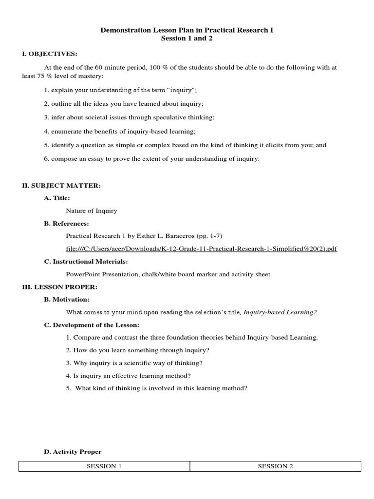 Demonstration Lesson Plan in Practical Research I Session 1 and 2 | PDF ...