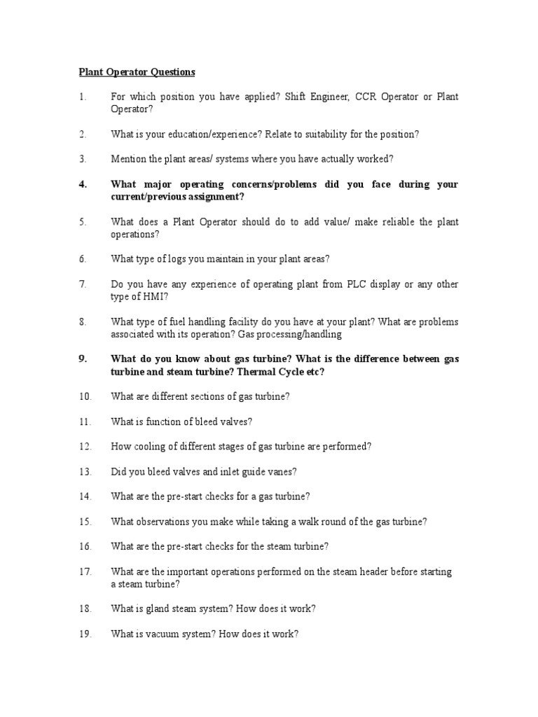 Plant Operator Interview Questions Guide | PDF | Steam | Turbine