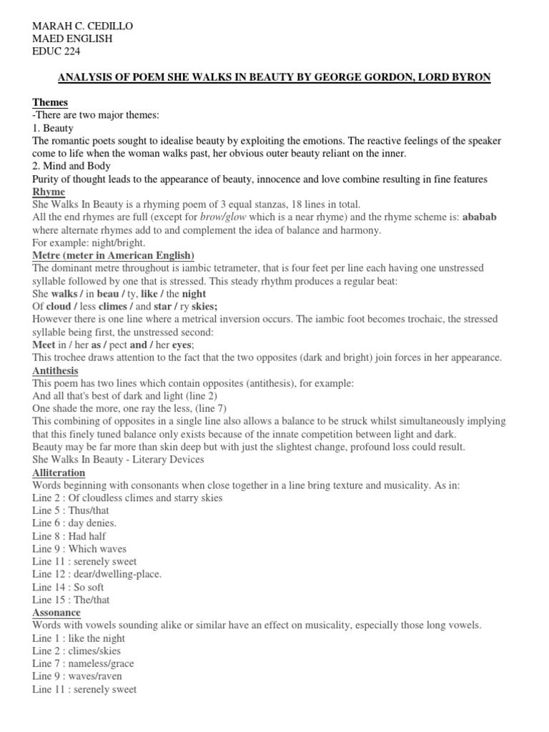 Analysis of She Walks in Beauty | PDF | Metre (Poetry) | Poetry