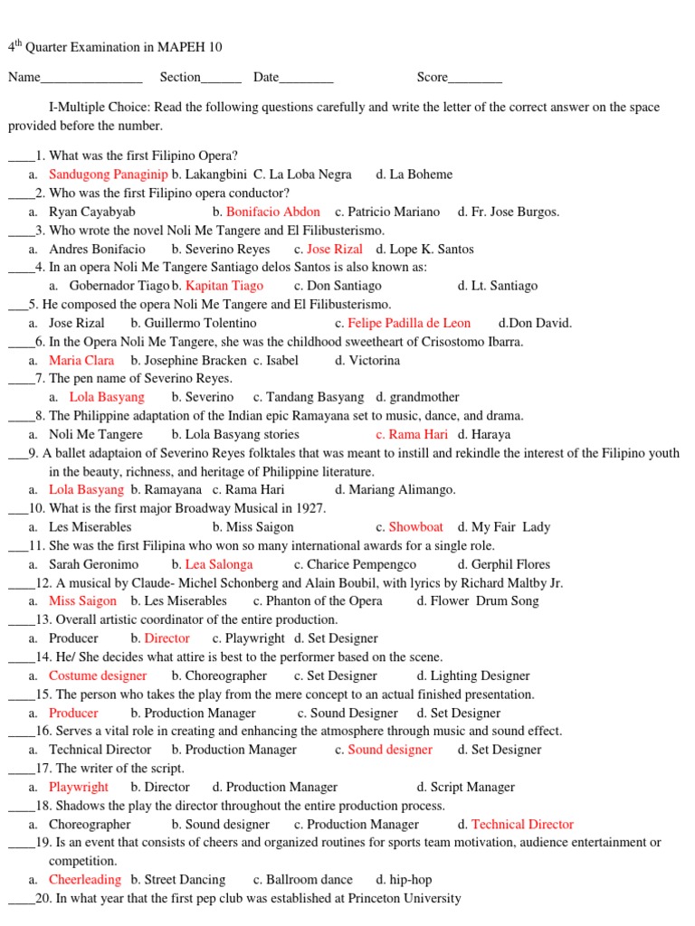 4th Quarter Examination in MAPEH 10 Bnhs | PDF | Dances | Musical Theatre