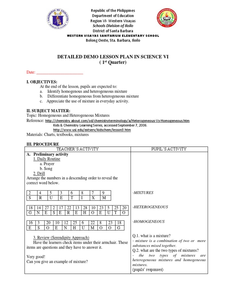 Lesson Plan: Mixtures and Solutions for Grade 6 | PDF | Homogeneity And ...