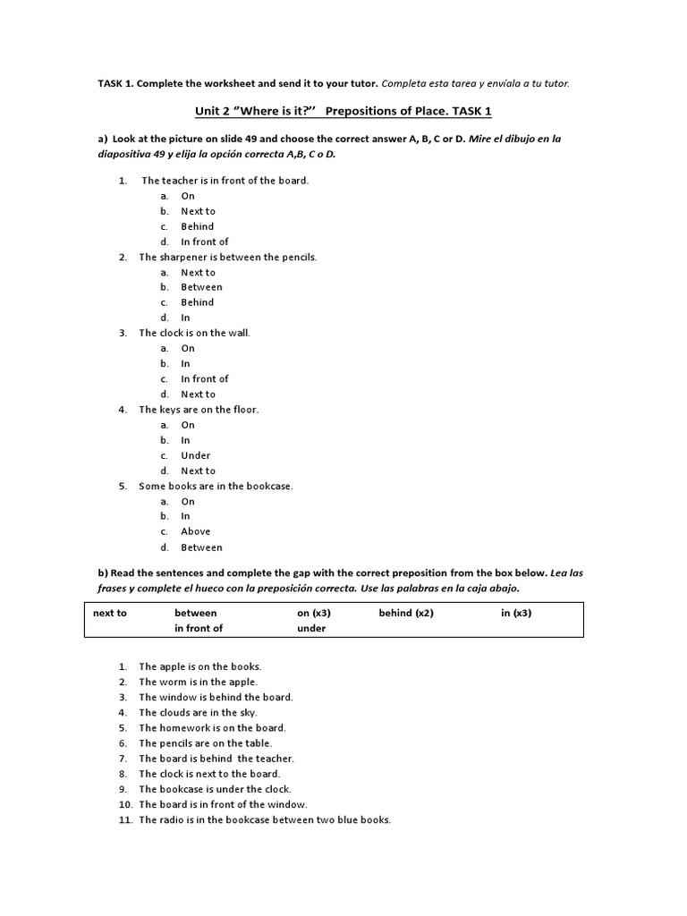Prepositions of Place Worksheet | PDF | Language Arts & Discipline | Home & Garden