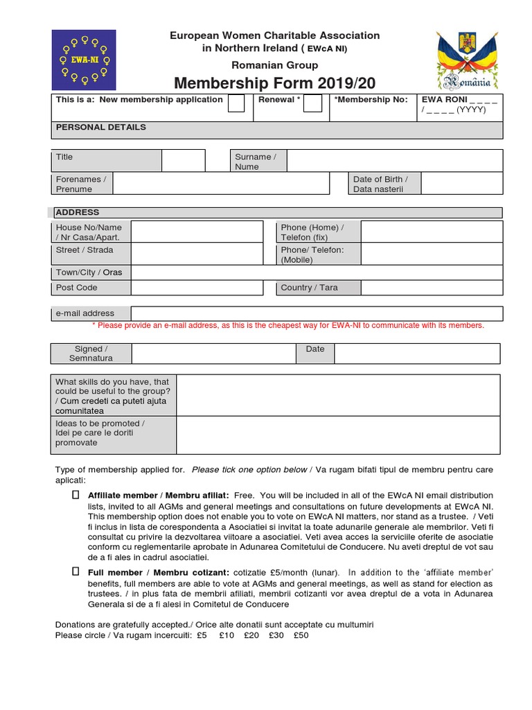 EWA NI Membership - Form 2019 - 20 1pg | PDF | Telecommunications ...