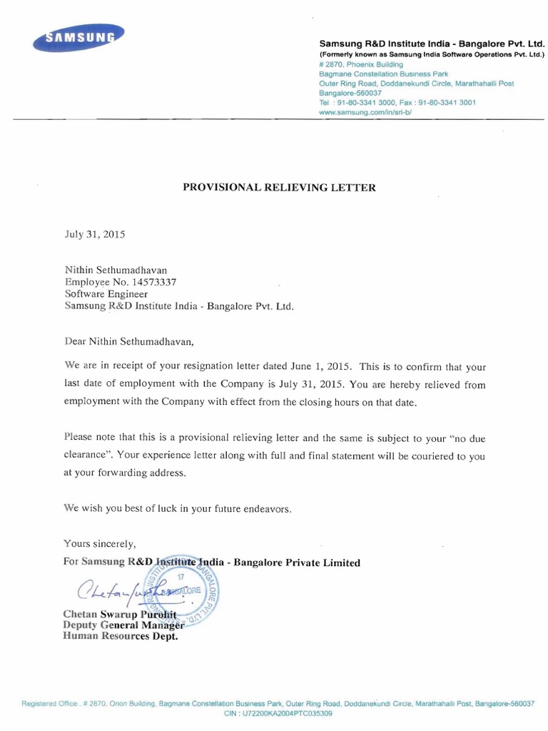Provisional Relieving Letter | PDF