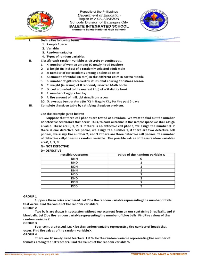 Activity Sheet For STAT | PDF | Random Variable | Randomness