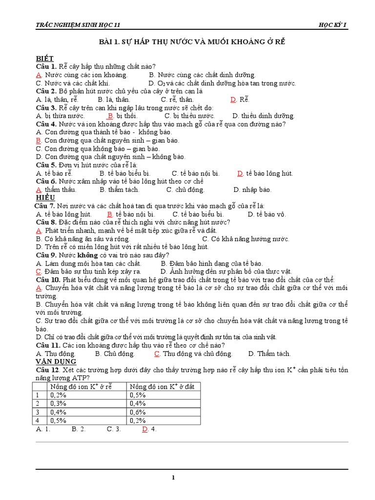 (123doc) Trac Nghiem Sinh Hoc 11 Theo Bai | PDF