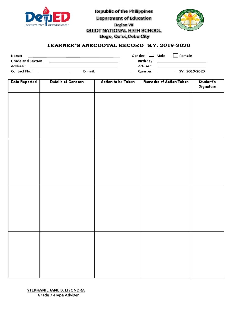 Learner's Anecdotal Record Form | PDF