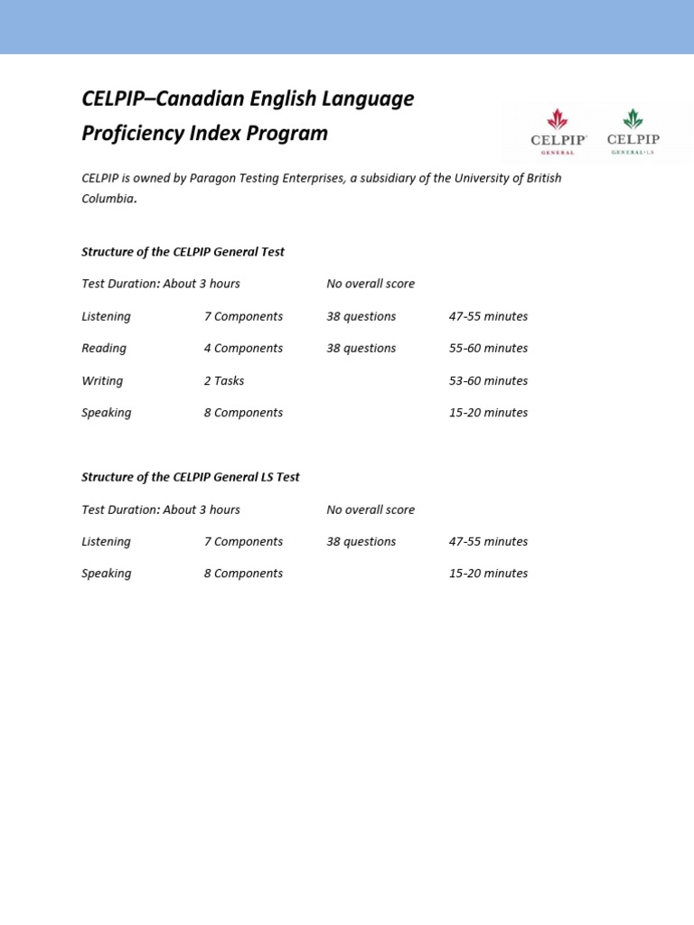 CELPIP General Test Structure Overview | PDF