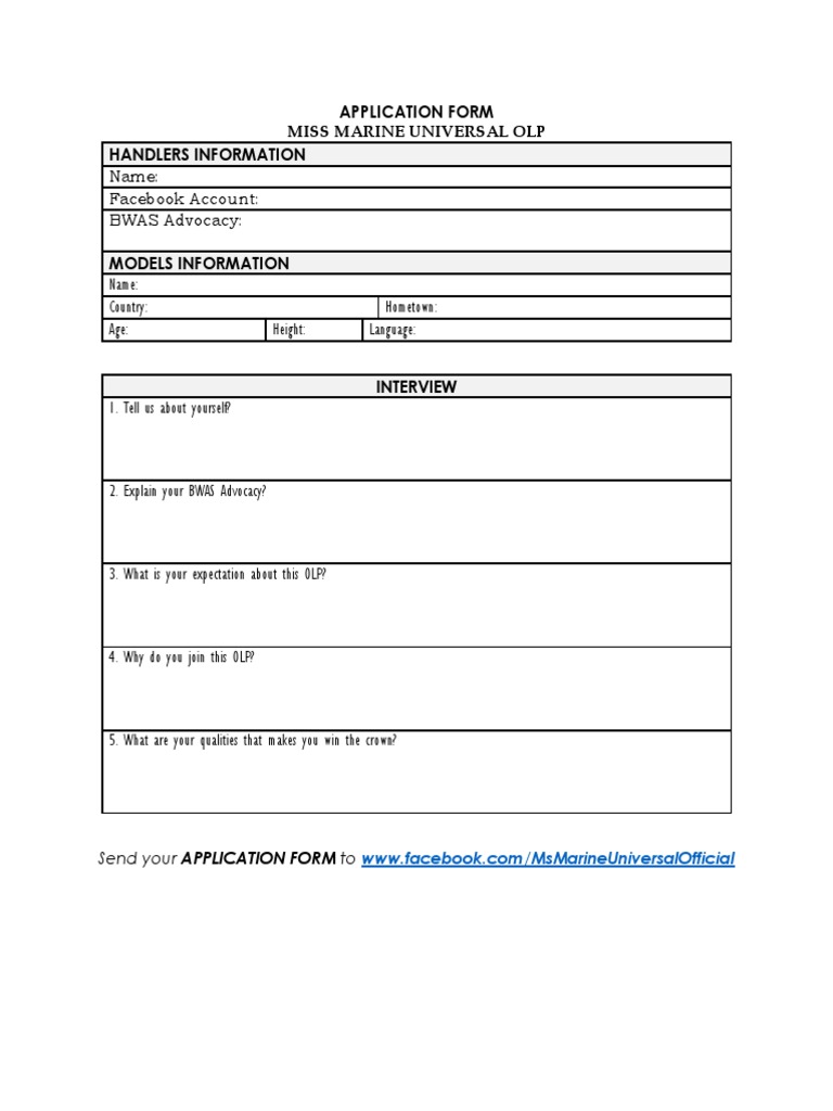 Application Form Miss Marine Universal Olp Handlers Information | PDF