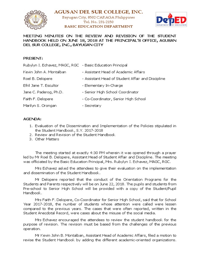 Meeting Minutes: Student Handbook Revision | PDF | Learning | Behavior ...