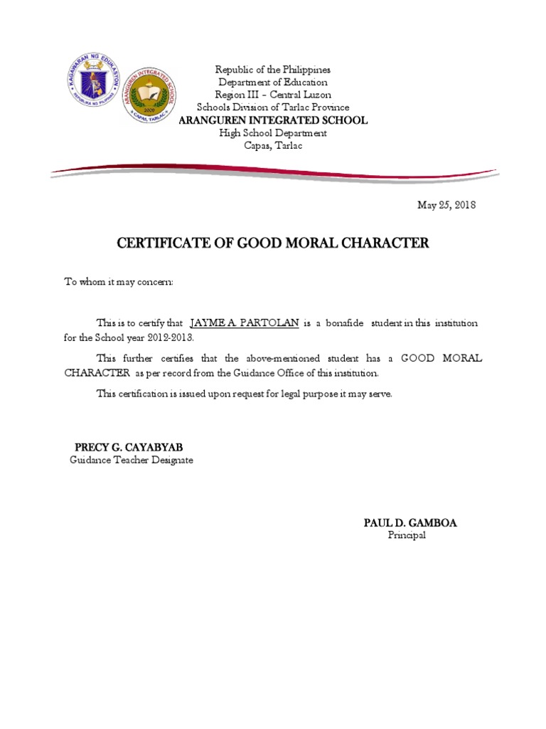 Certificate of Good Moral Character | PDF | Behavior Modification ...