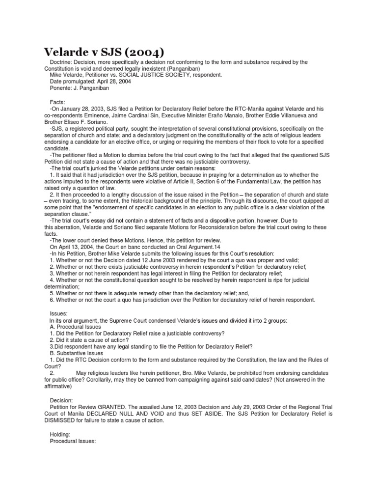 Velarde VS SJS DIGEST | PDF | Standing (Law) | Judgment (Law)