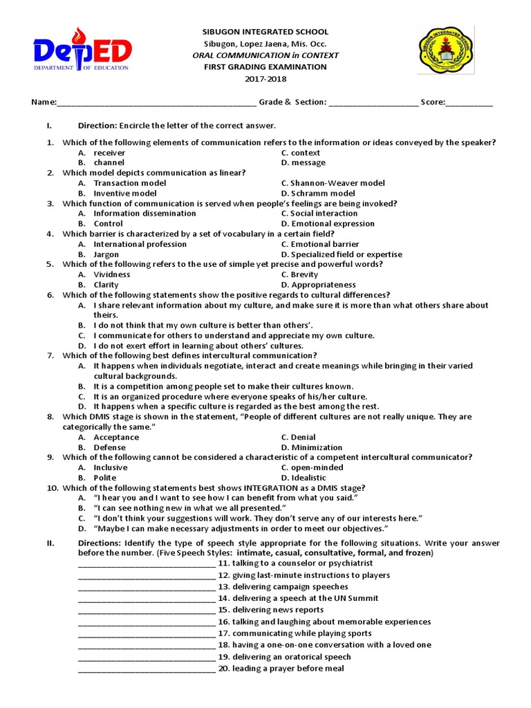 Grade 11 Oral Communication Exam Guide | PDF | Conversation | Communication