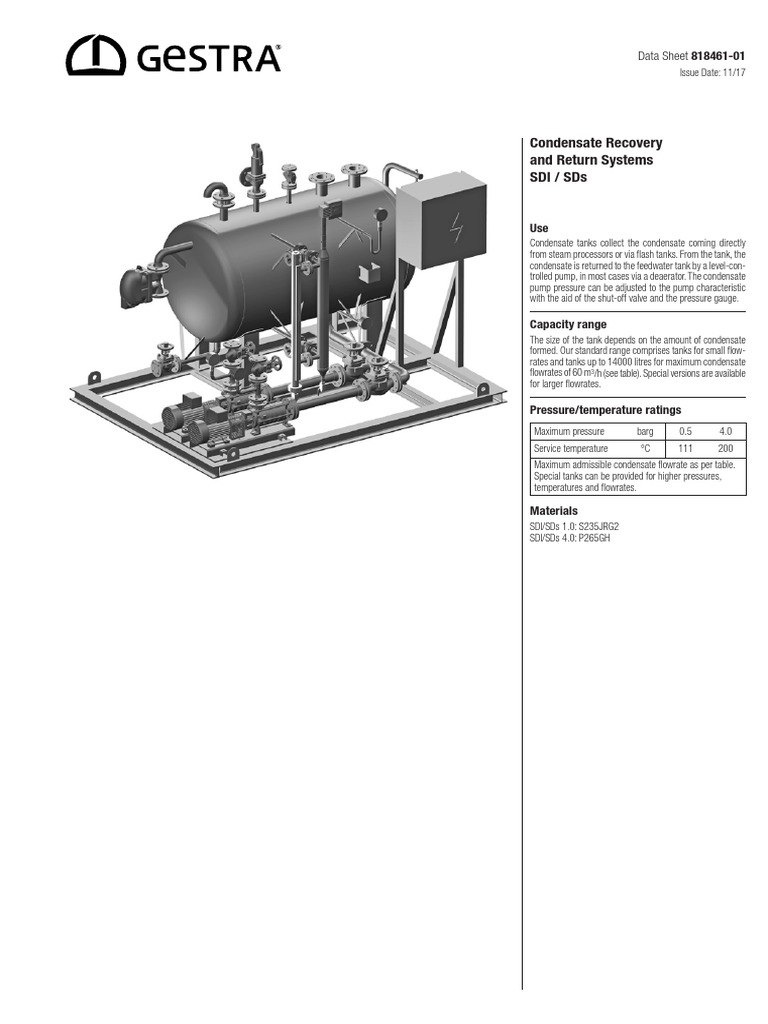 Condensate Recovery and Return Systems Sdi / SDS: Data Sheet | PDF | Hydraulics | Manufactured Goods