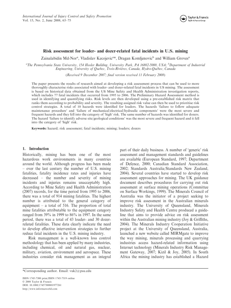 Risk Assessment For Loader-And Dozer-Related Fatal Incidents in U.S ...