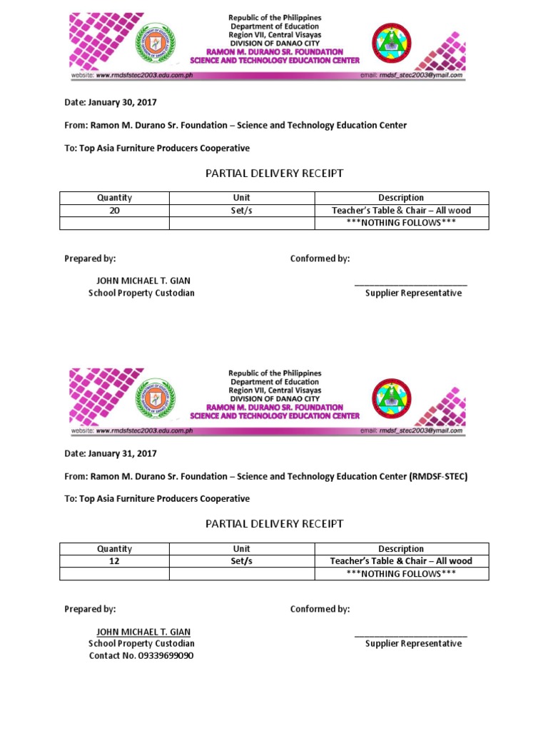 Partial Delivery Reciept | PDF | Home Economics | Architectural Elements