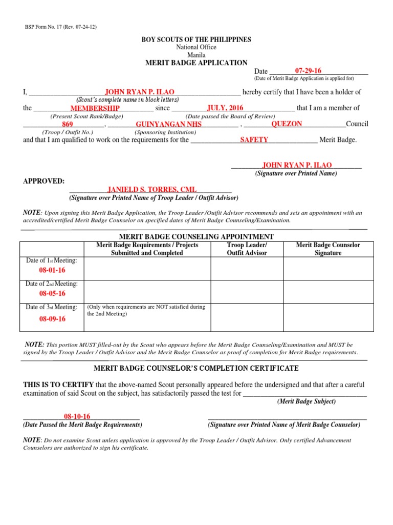 BSP Form Merit Badge | PDF | Youth Movements | Scouting