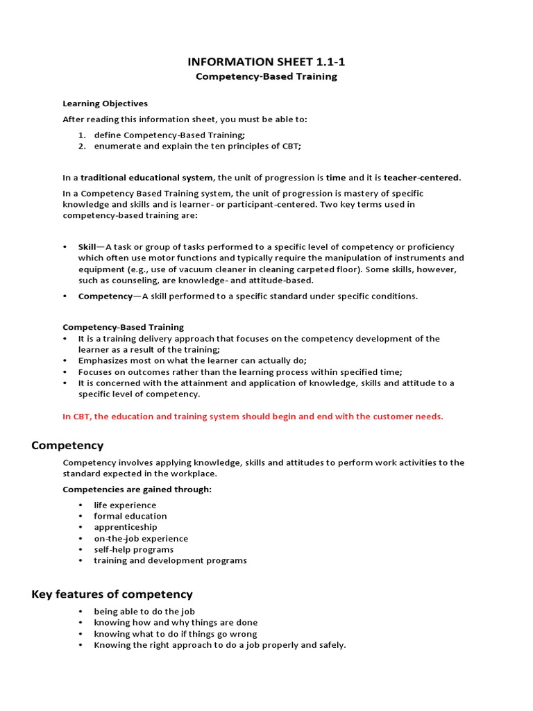 INFORMATION SHEET 1.1-1 Competency-Based Training | Download Free PDF ...