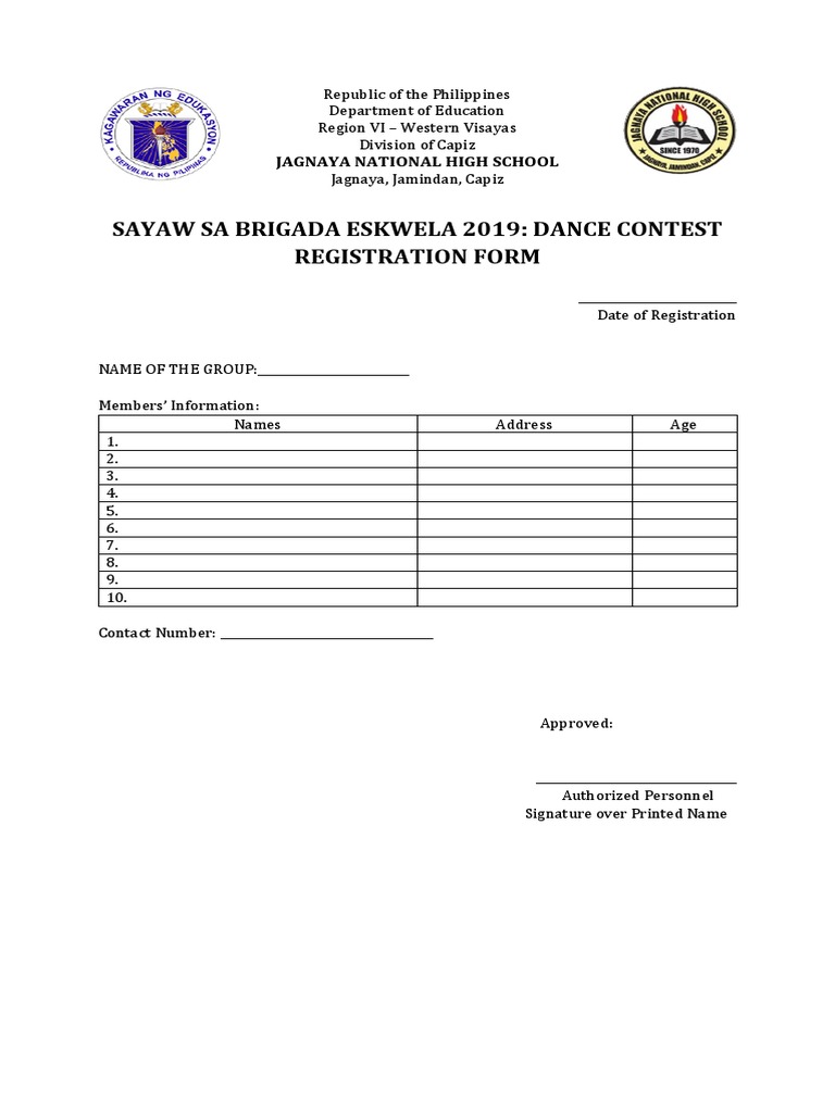 Sayaw Sa Brigada Eskwela 2019: Dance Contest Registration Form | PDF ...