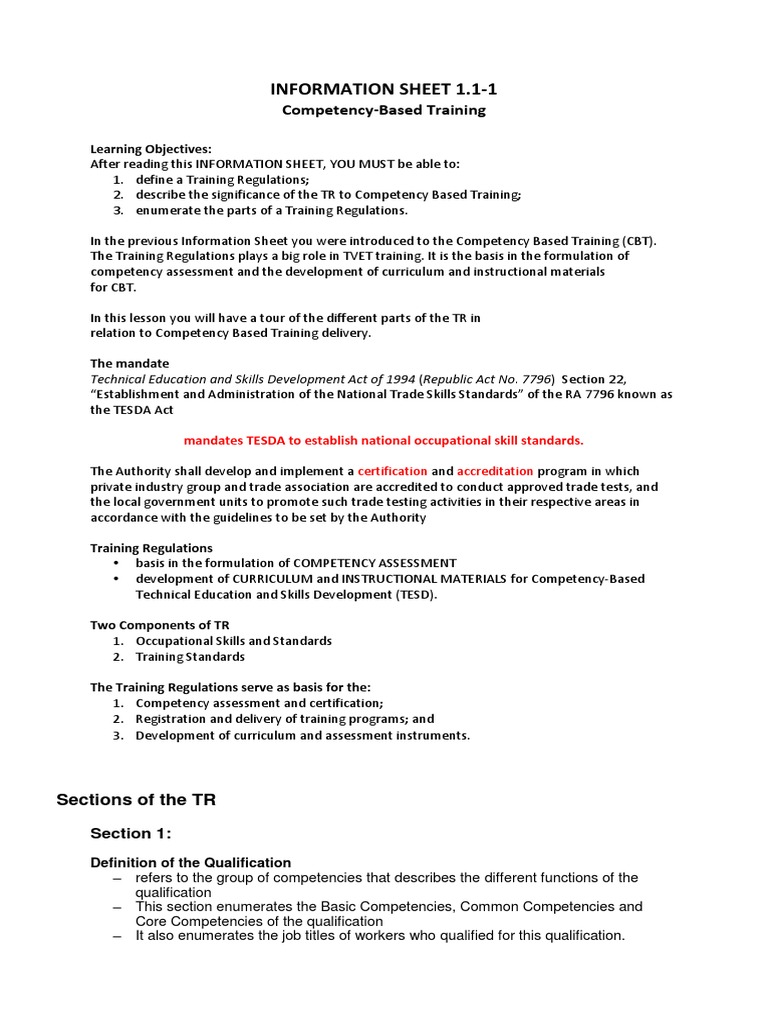 Information Sheet 1.1-2 Training Regulations | PDF | Vocational ...