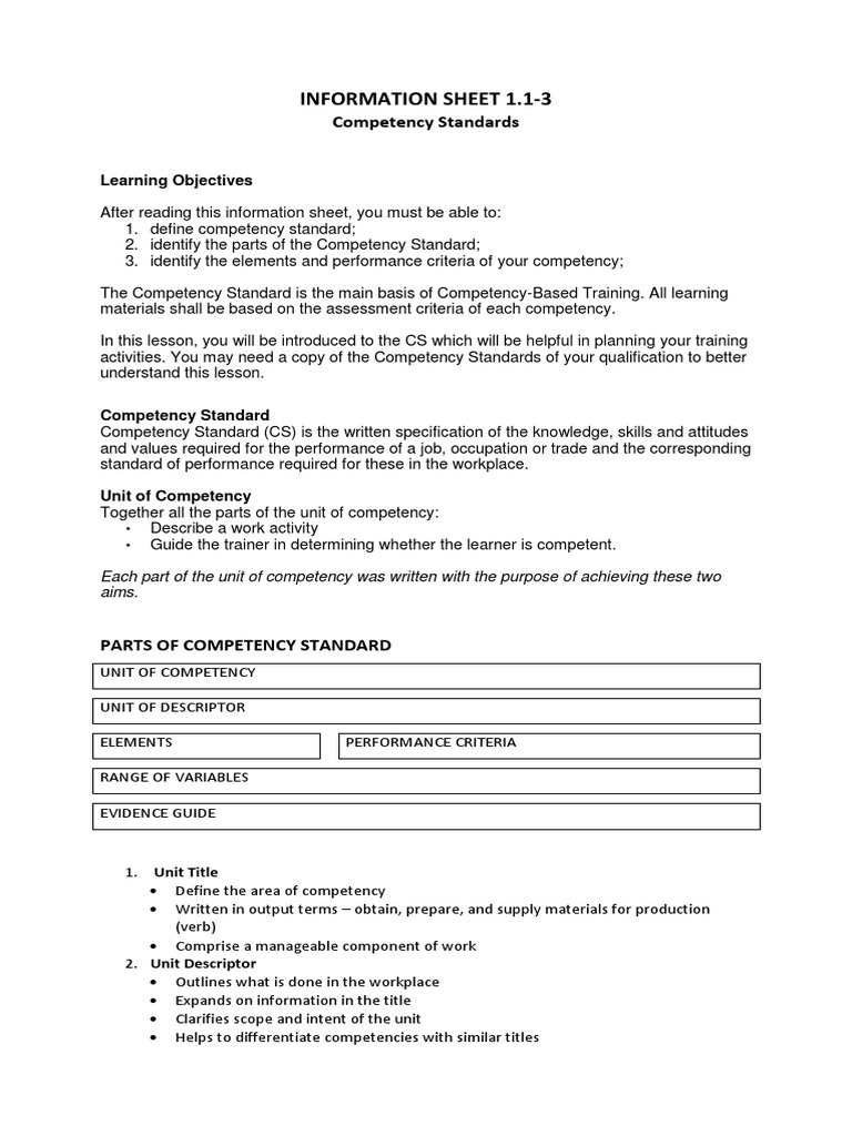 Information Sheet 1.1-3 Competency Standards | PDF | Competence (Human ...