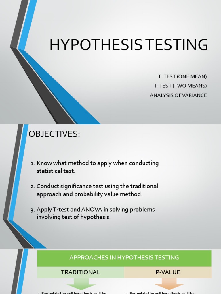Hypothesis Testing: T-Test (One Mean) T - Test (Two Means) Analysis of ...