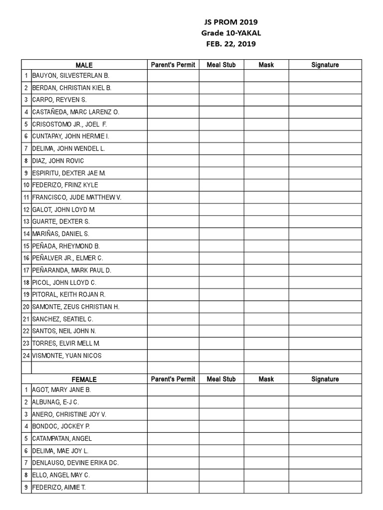 Attendance Js Prom 2019 | PDF