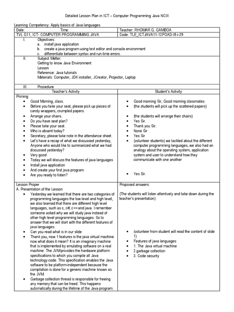 Detailed Lesson Plan in ICT 2 | PDF | Java Virtual Machine | Operating ...