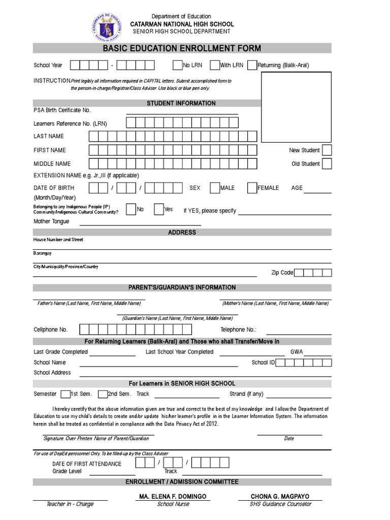 CNHS SHS Enrollment Form 2019 | PDF | Behavior Modification | Learning