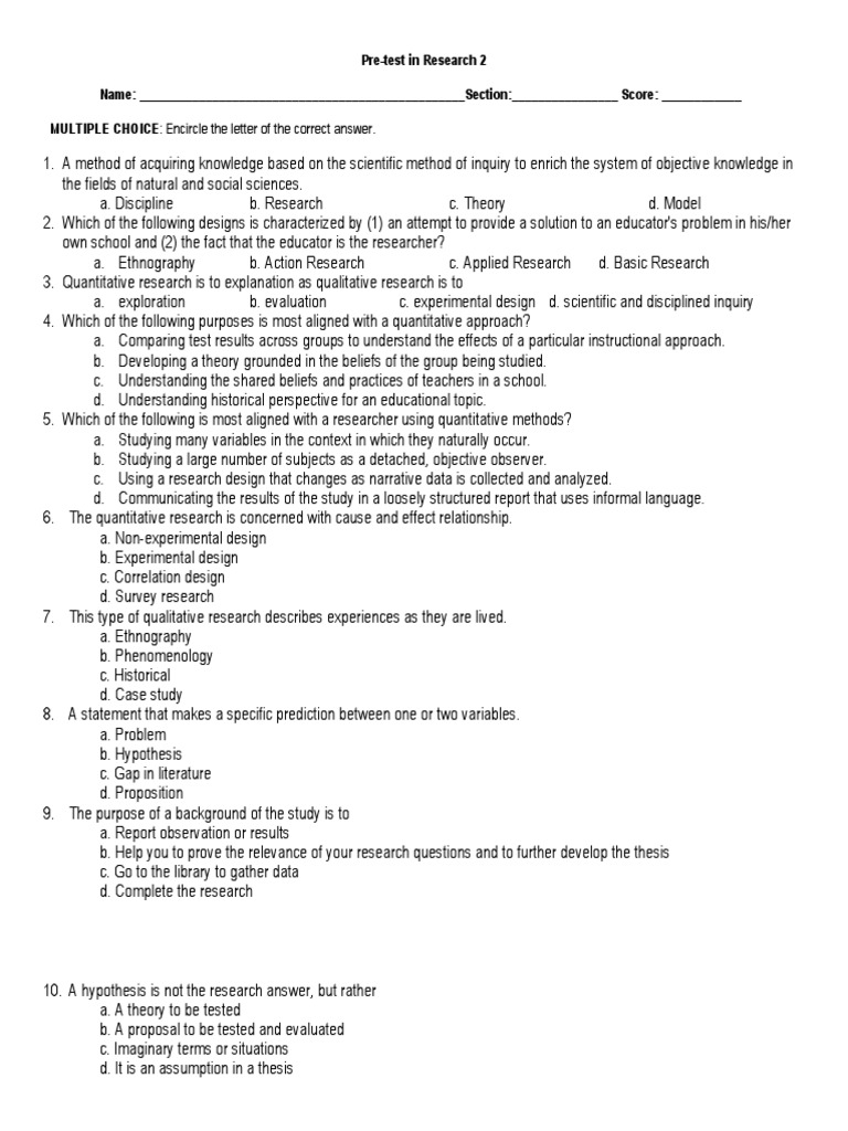 Research Methods Pre-Test Questions | PDF | Quantitative Research ...