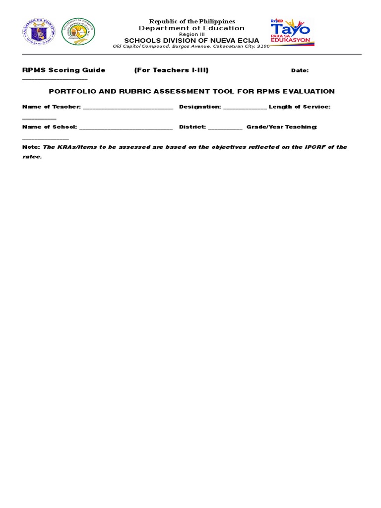 RPMS Scoring Guide (For Teachers I-III) Portfolio and Rubric Assessment ...