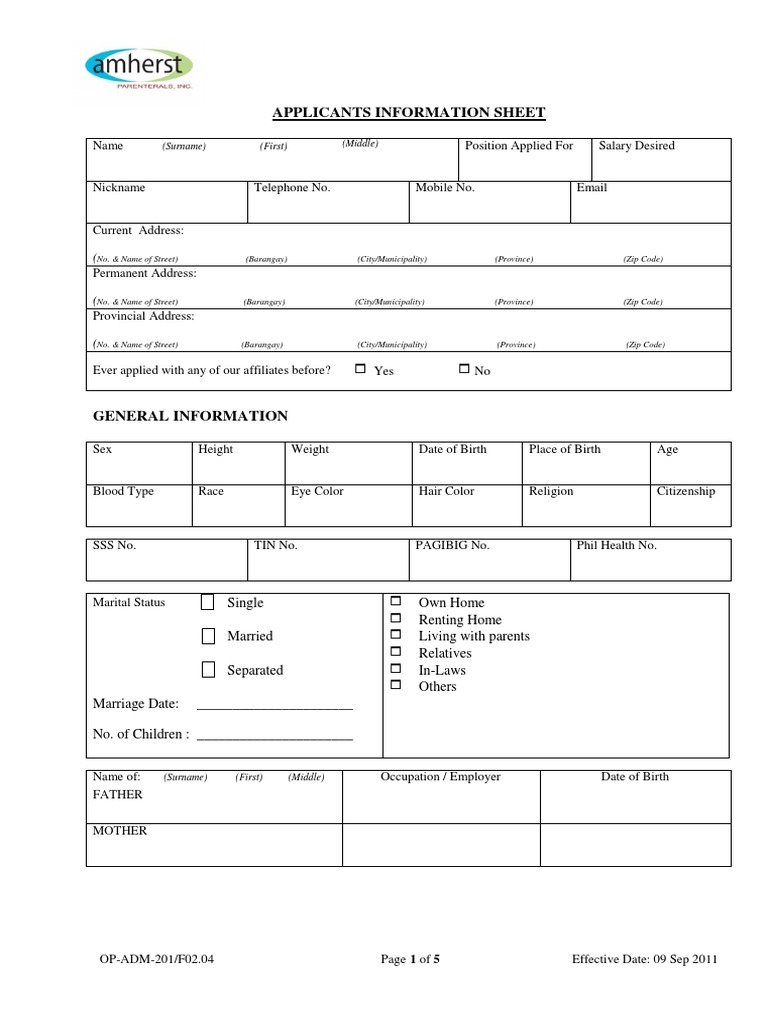 Applicants Information Sheet | PDF | Marriage | Employment