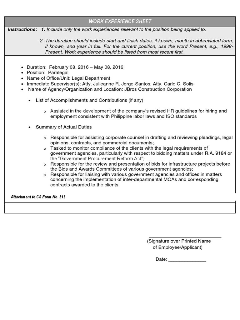 CS Form No 212 Attachment Work Experience Sheet | PDF