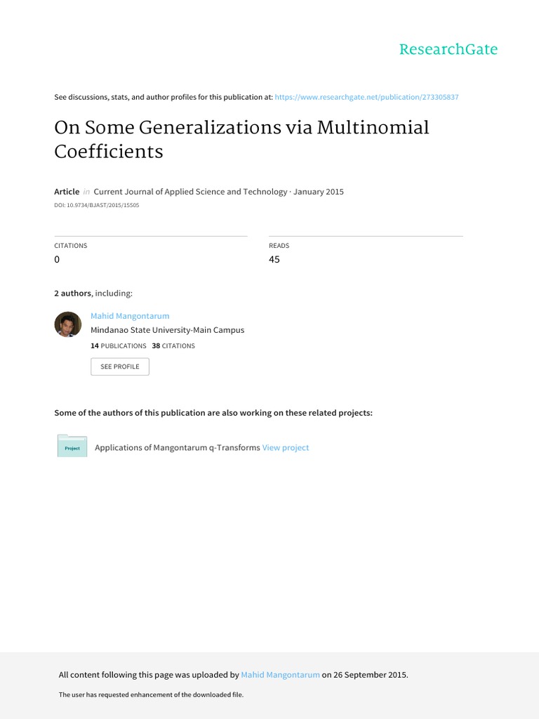 On Some Generalizations Via Multinomial Coefficients: Current Journal ...