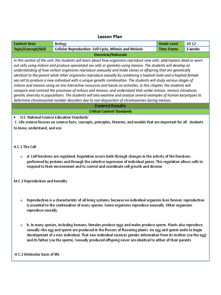 Lesson Plan Mitosis and Meiosis | PDF | Meiosis | Reproduction