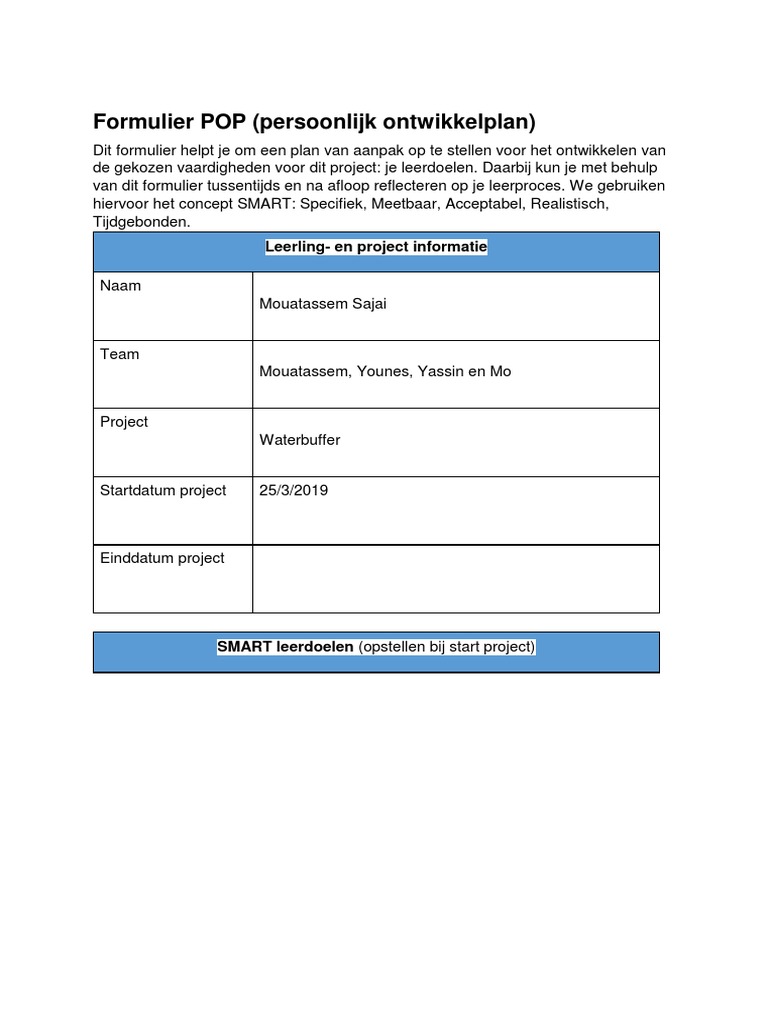 Formulier POP (Persoonlijk Ontwikkelplan) : Leerling-En Project ...