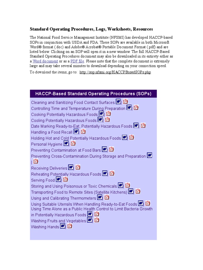 Standard Operation Procedures Food and B | PDF | Food Safety | Foods