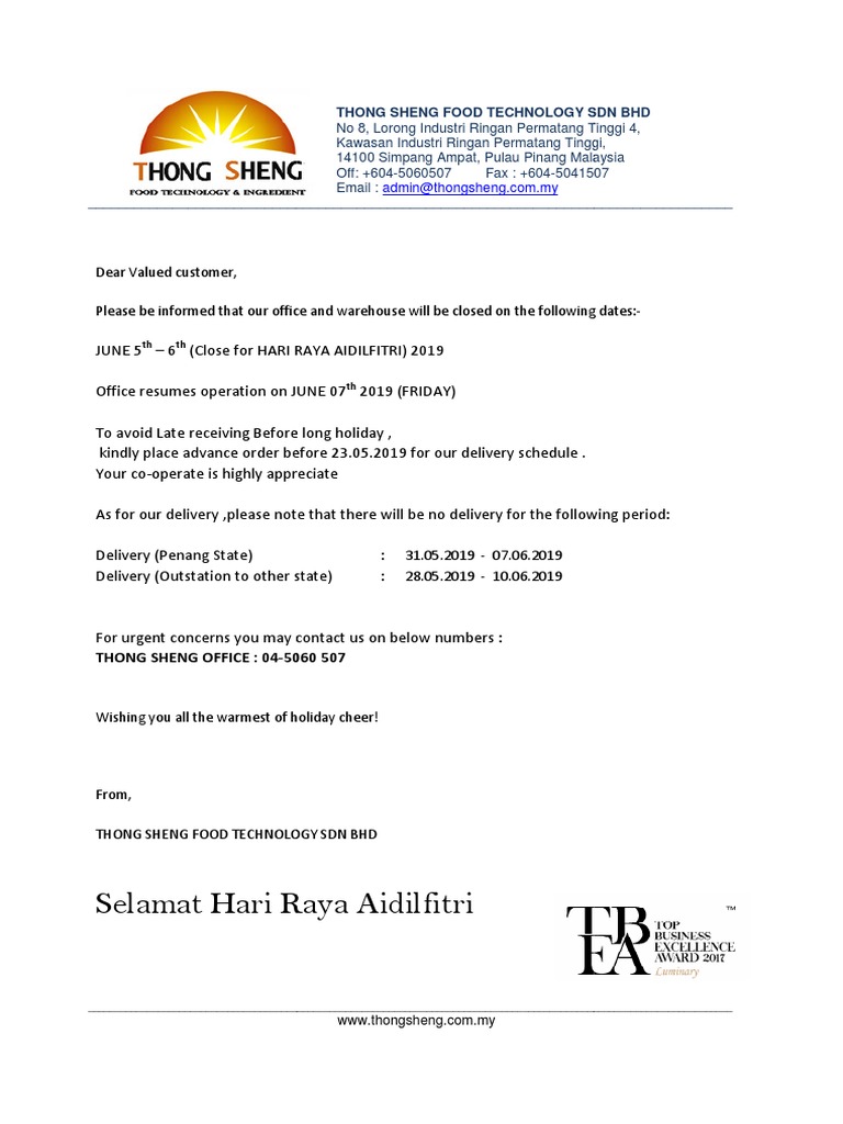 Office Closure Notice for Hari Raya 2019 | PDF | Business